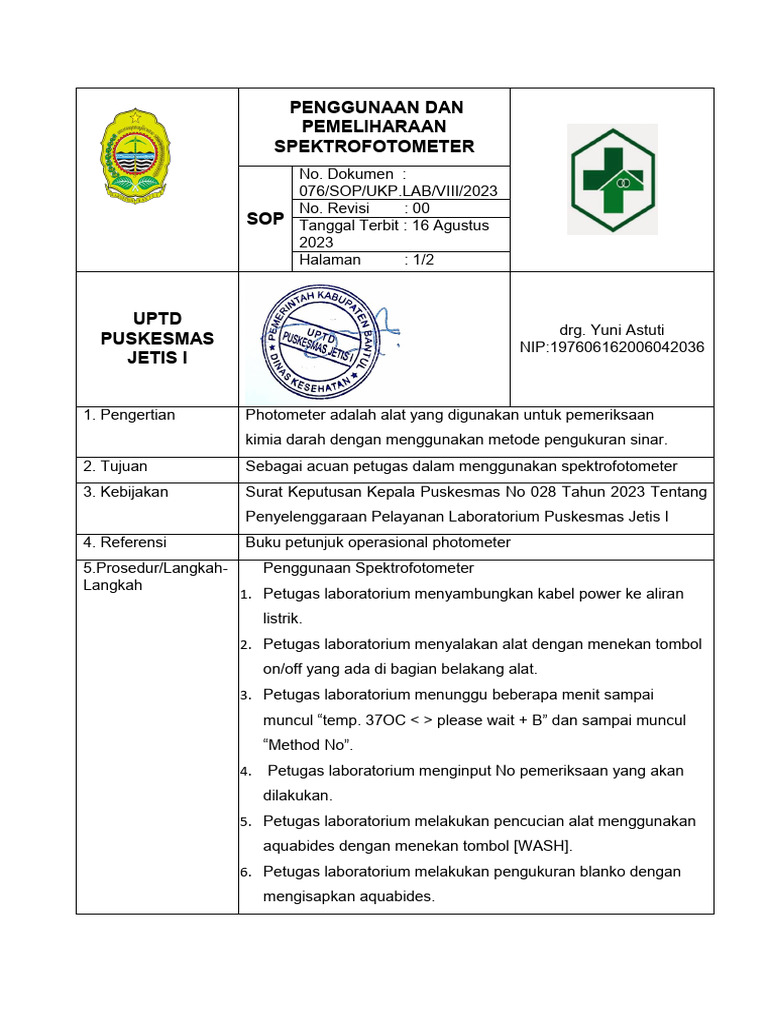 Sop Penggunaan Dan Pemeliharaan Spektrofotometer | PDF | Sains & Matematika