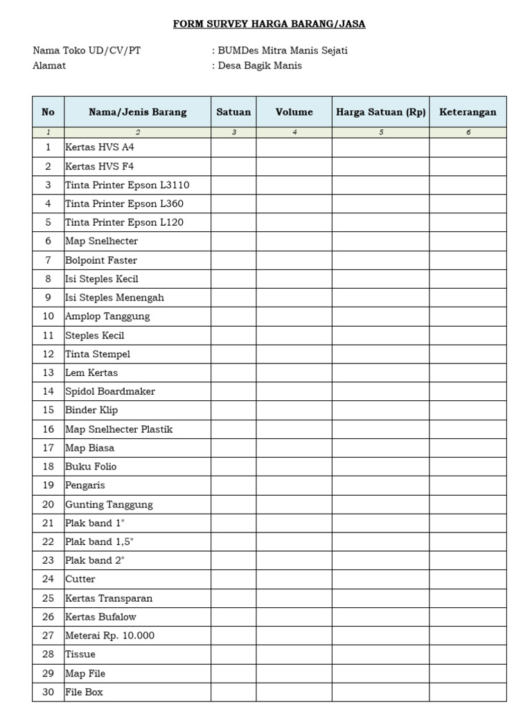 Form Survei Harga Pasaran ATK Desa | PDF