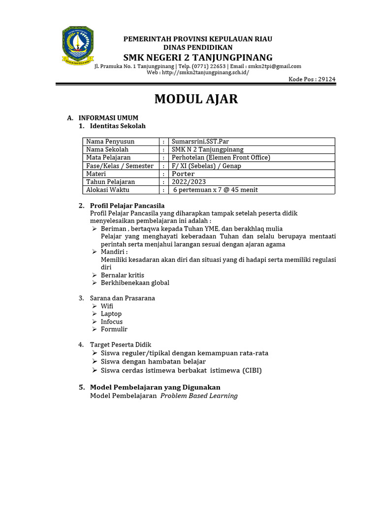 Modul Ajar E.1.3 Front Office - Porter | PDF