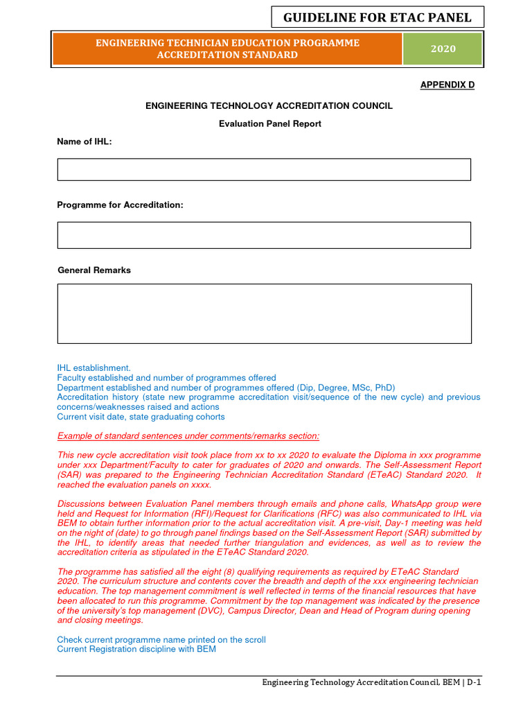 APPENDIX D TECHNICIAN 2020 Guideline For ETAC Panel | PDF | Educational ...