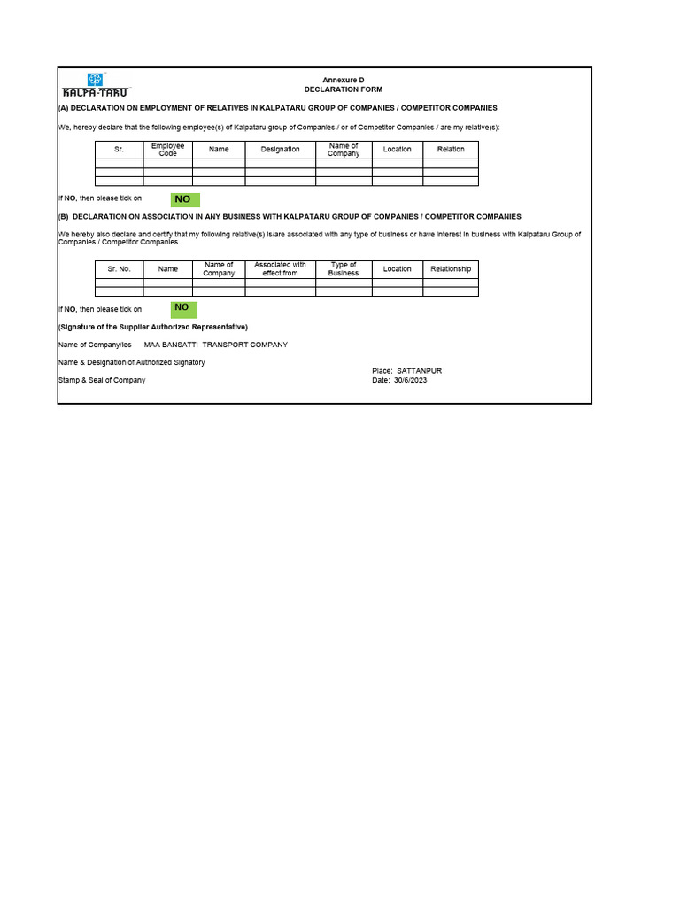 Annexure D Declaration Form | PDF