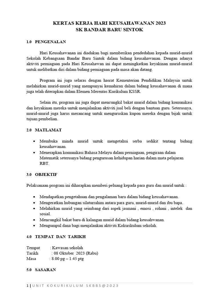 Kertas Kerja Hari Keusahawanan 2023 | PDF | Griya & Taman