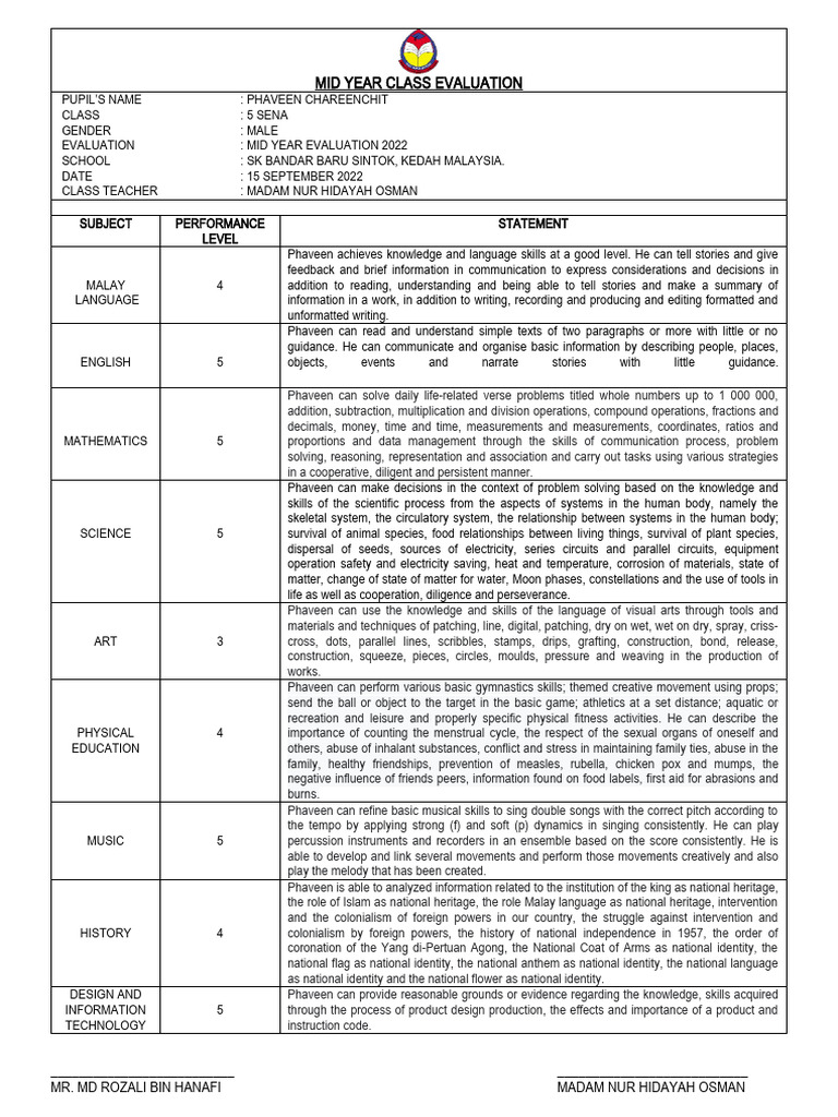 Mid Year Class Evaluation Phaveen | PDF