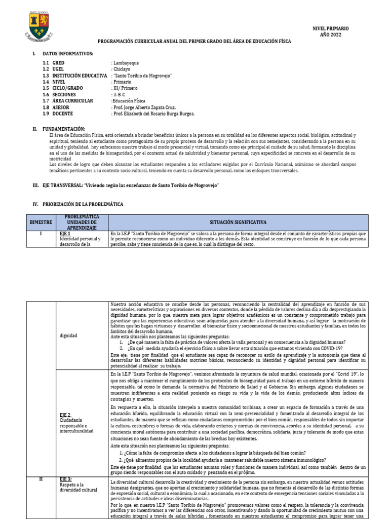 Programacion Anual Primaria 1° 2022 | PDF | Aprendizaje | Felicidad