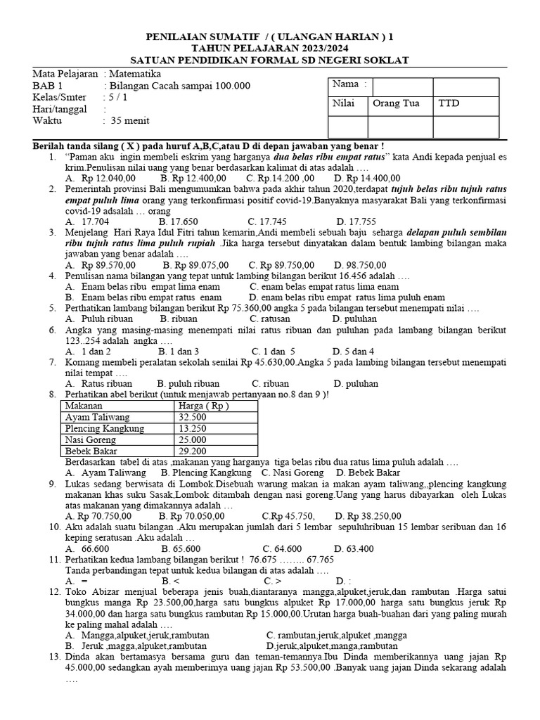 Penilaian Sumatif MTK 1 | PDF | Seni