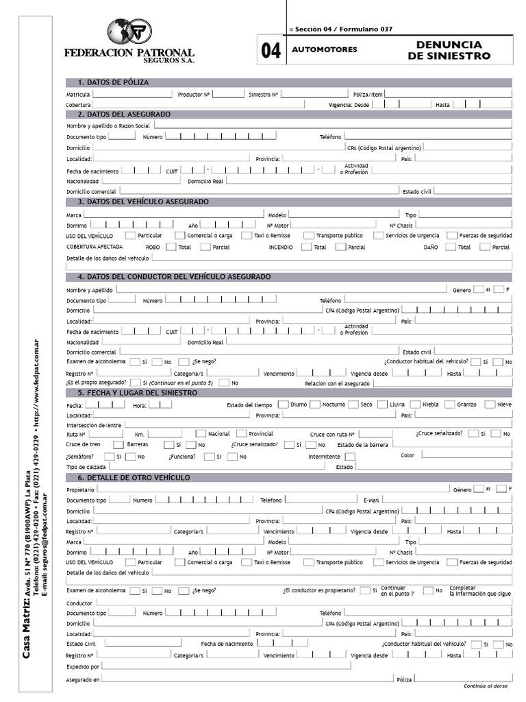 Muttiseguros Formulario Denuncia Automotor Federacion Patronal | PDF ...