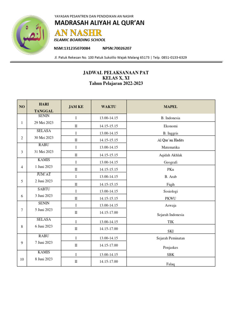 Jadwal PAT 2022 2023 | PDF