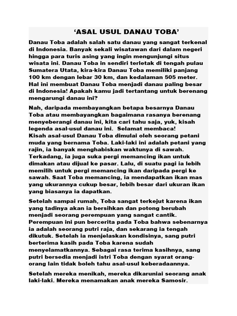 Legenda Asal Usul Danau Toba | PDF