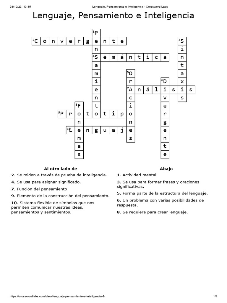 Lenguaje Pensamiento E Inteligencia Crossword Labs Pdf