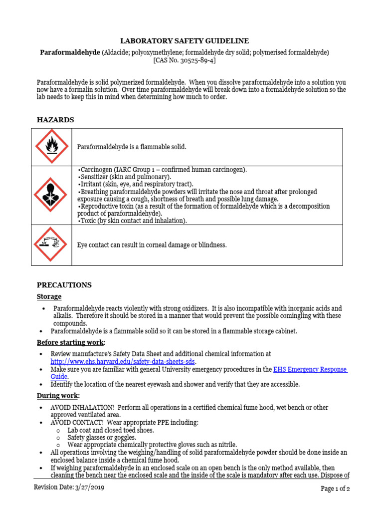 Lab Safety Guideline Paraformaldehyde | PDF | Formaldehyde | Laboratories