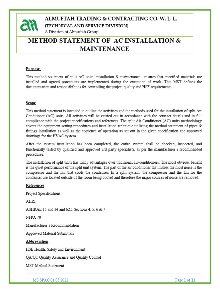 Method Statement Woqod Ac Installation (002) Updated | PDF