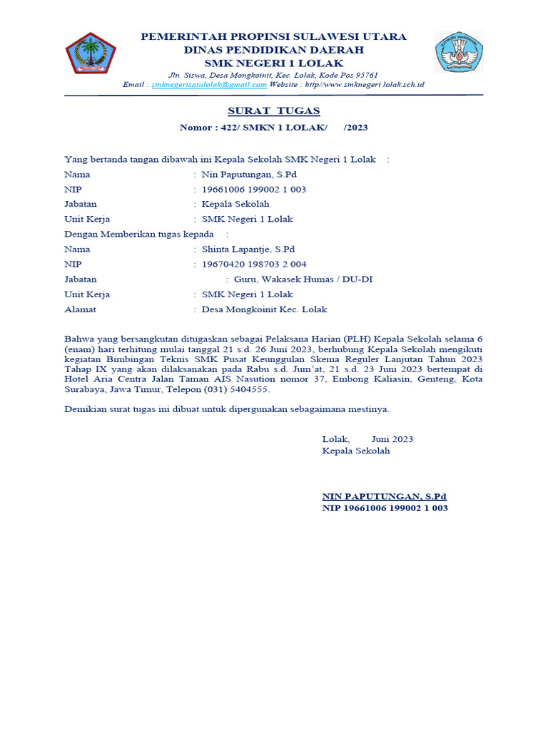 Surat Tugas PLH Kepala Sekolah | PDF