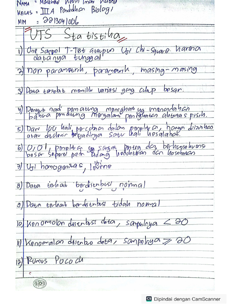 UTS Statistika - Matthew Kevin Imani Kaeng - 2213041006 - IIIA Pendidikan Biologi | PDF