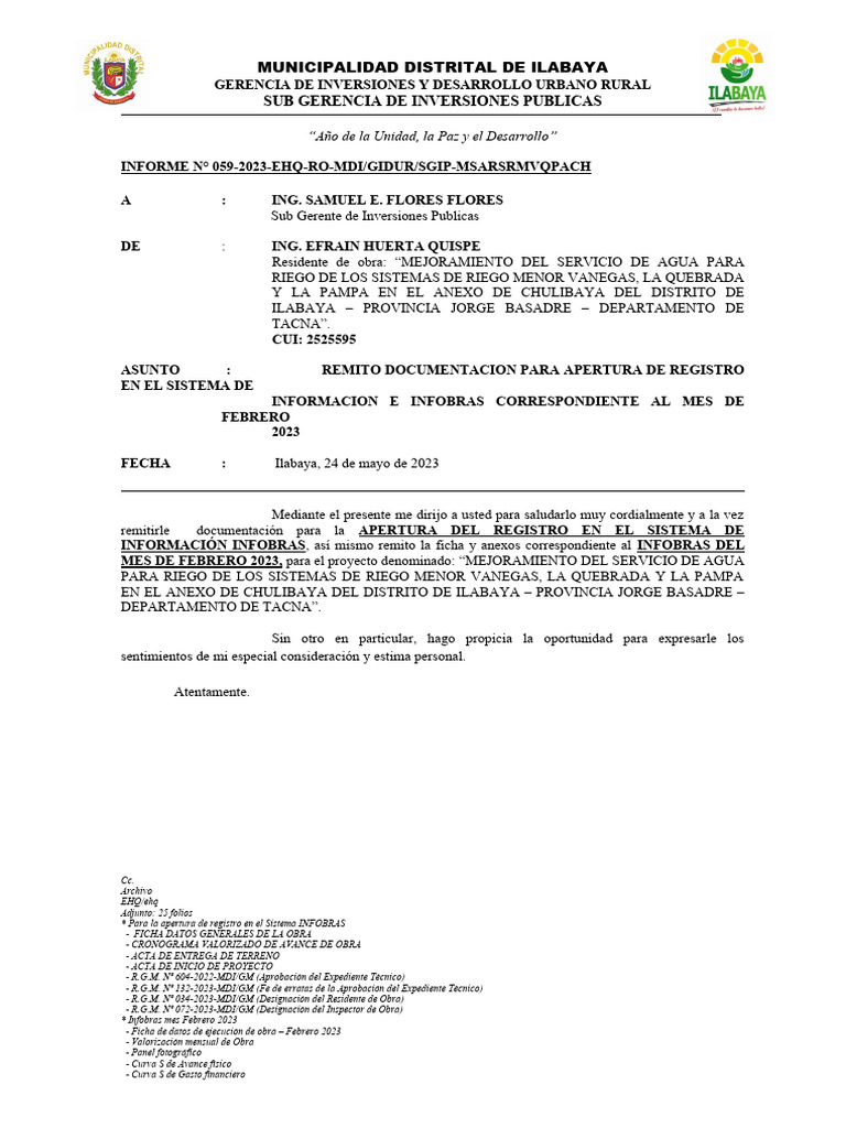 INFORME #059-2023 - REMITO Formato INFOBRAS | PDF