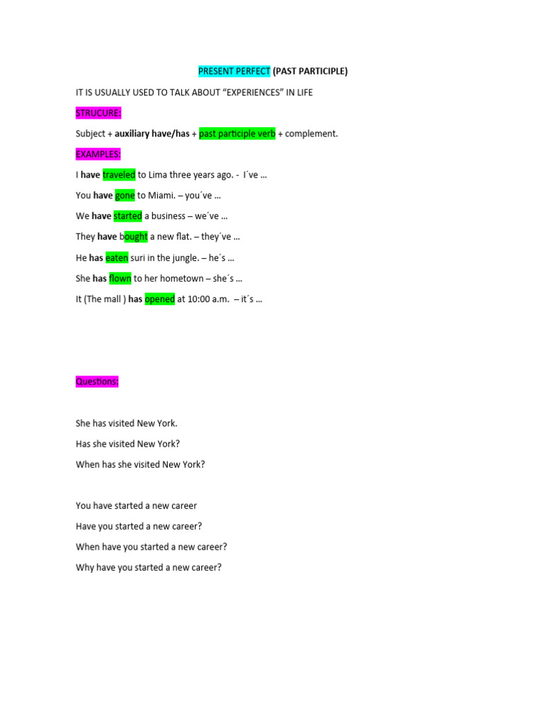 Present Perfect Class | PDF