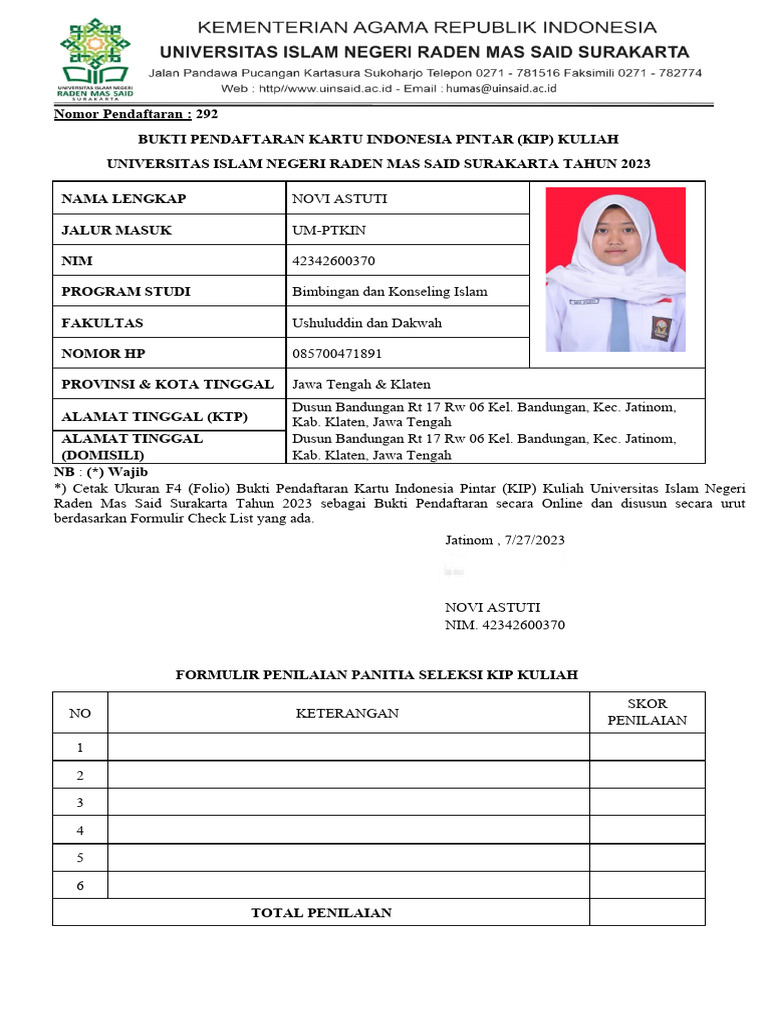 Bagi 2023 - Bukti Pendaftaran 292 Novi Astuti Um-Ptkin | PDF