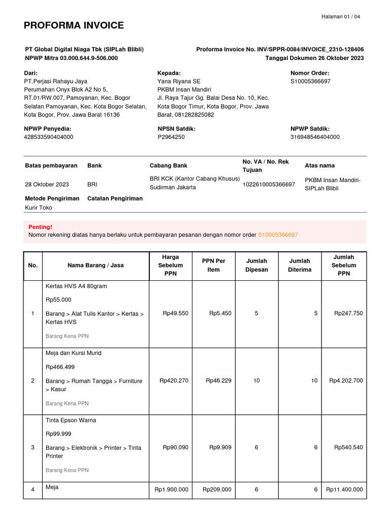 Proforma Invoice S10005366697 | PDF
