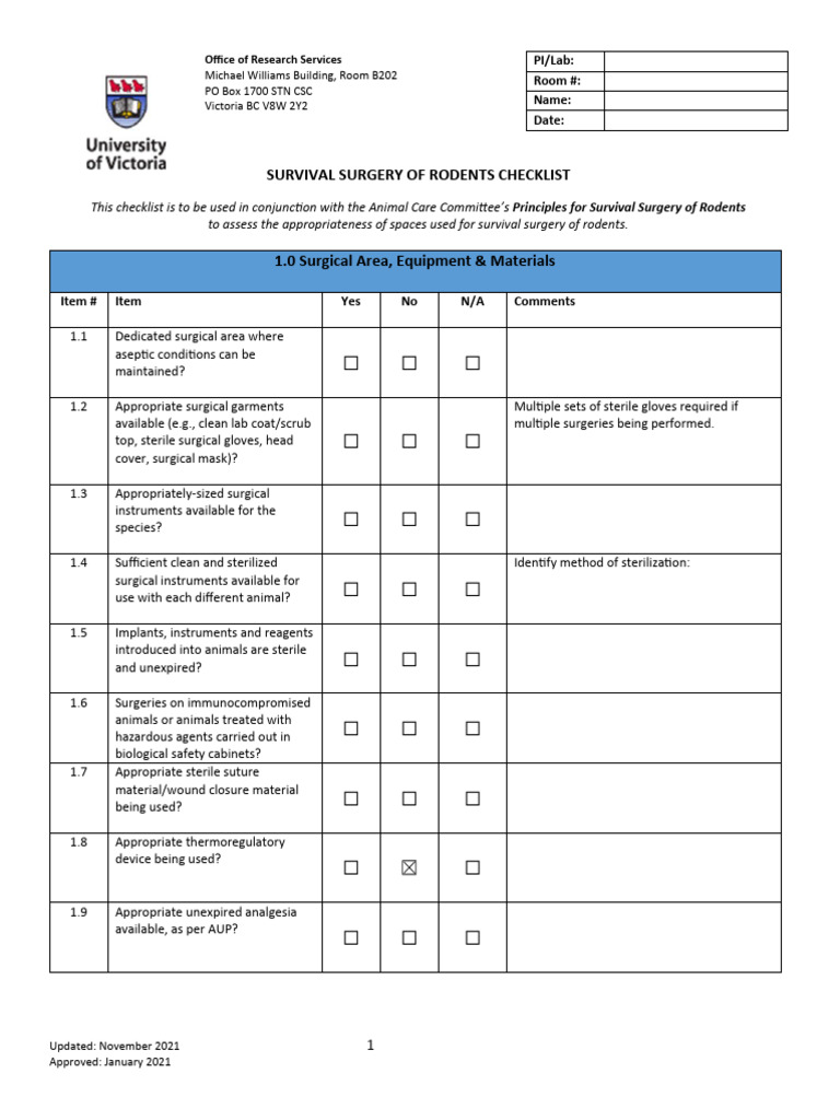 Acs Rodent Surgery Recovery Checklist | PDF | Surgery | Health Care