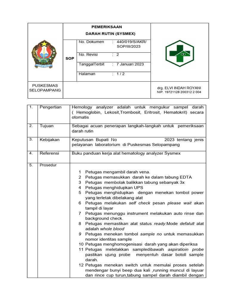 4.sop Darah Rutin Sysmex | PDF