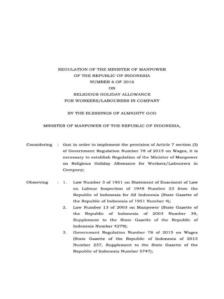 Permenaker No. 06 Tahun 2016 (THR) - English | PDF