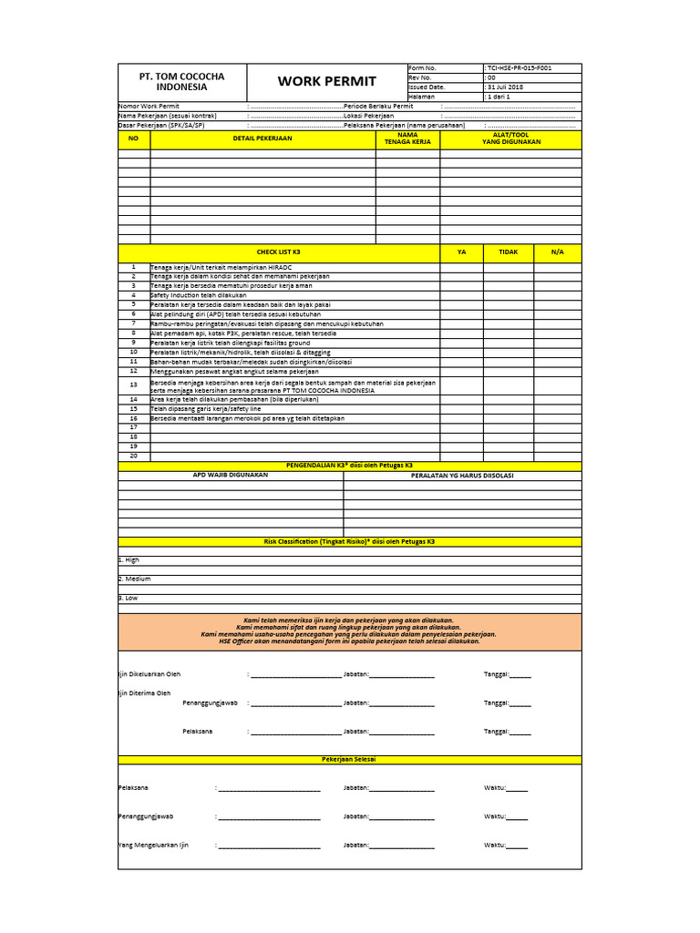 Contoh Formulir Work Permit K3 | PDF