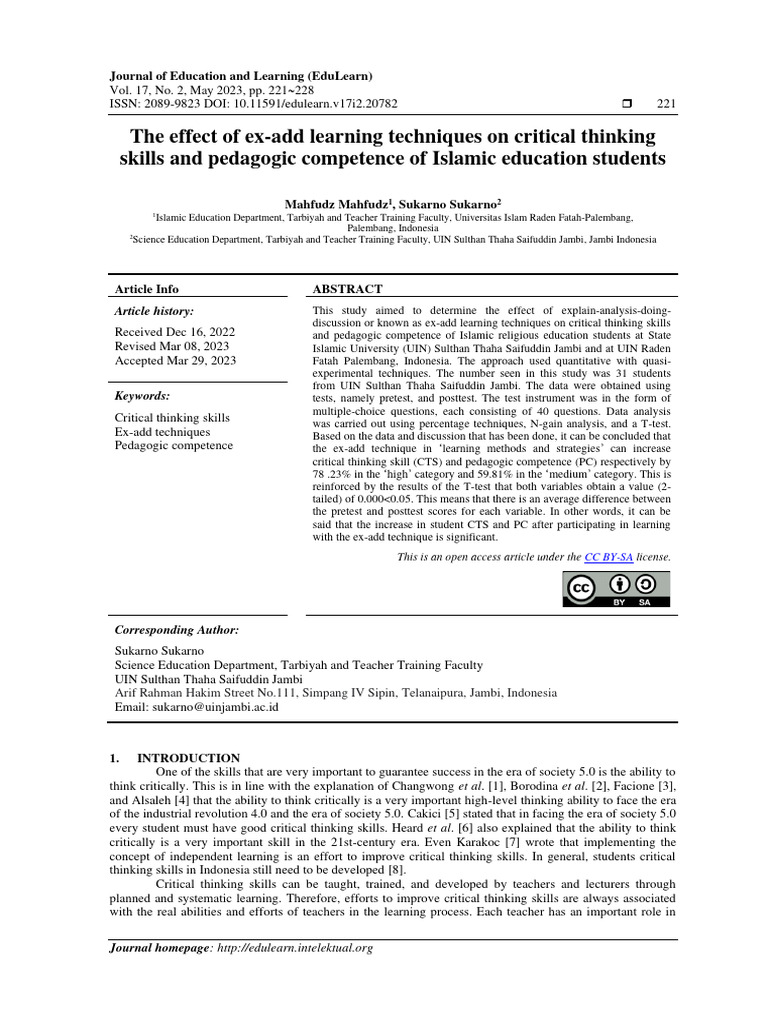 The Effect of Ex-Add Learning Techniques On Critical Thinking Skills and Pedagogic Competence of ...