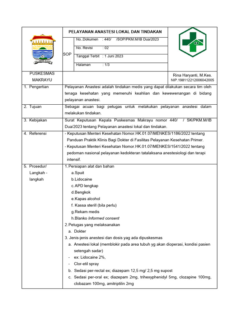 Sop Pelayanan Anastesi Lokal & Tindakan | PDF