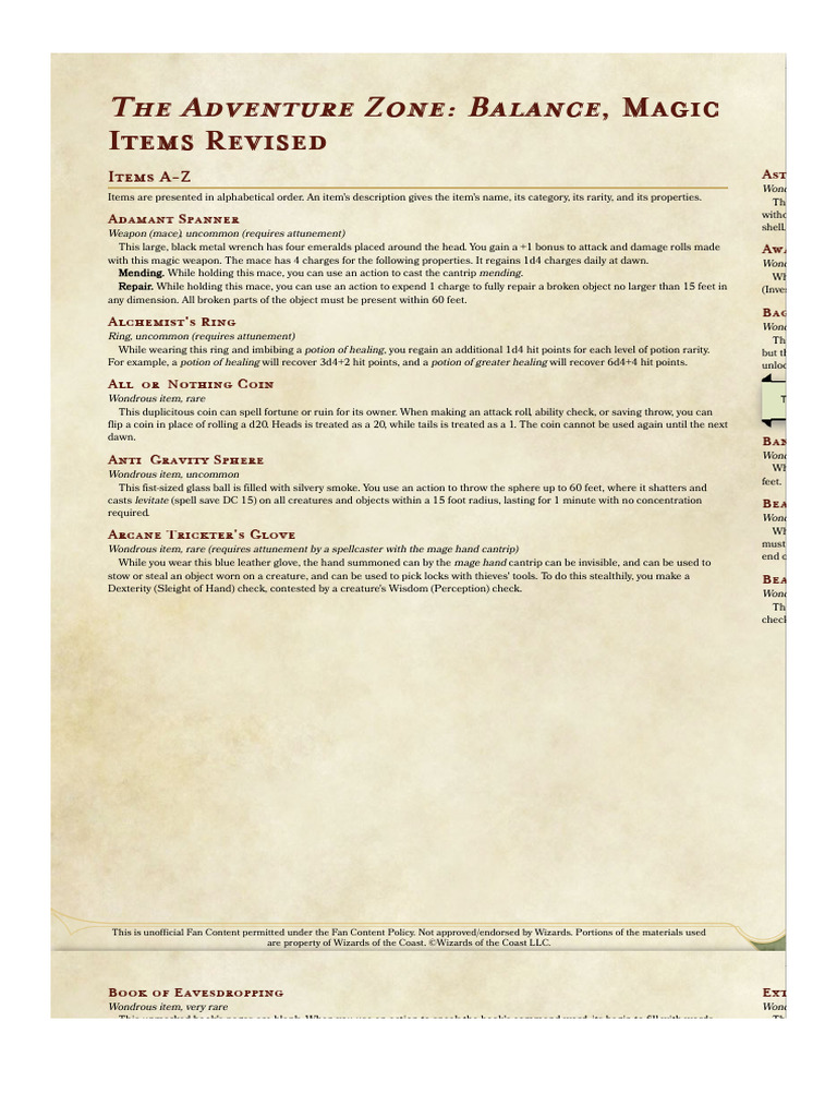 Magic Items A-Z: Adventure Zone | PDF