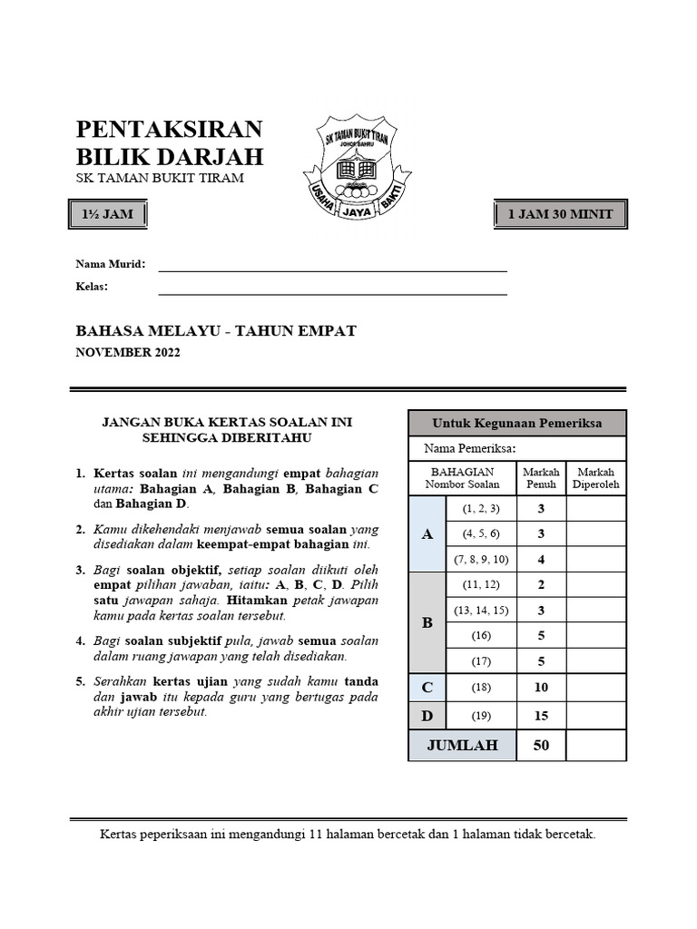 Soalan Bm Tahun 4 2022 Pdf