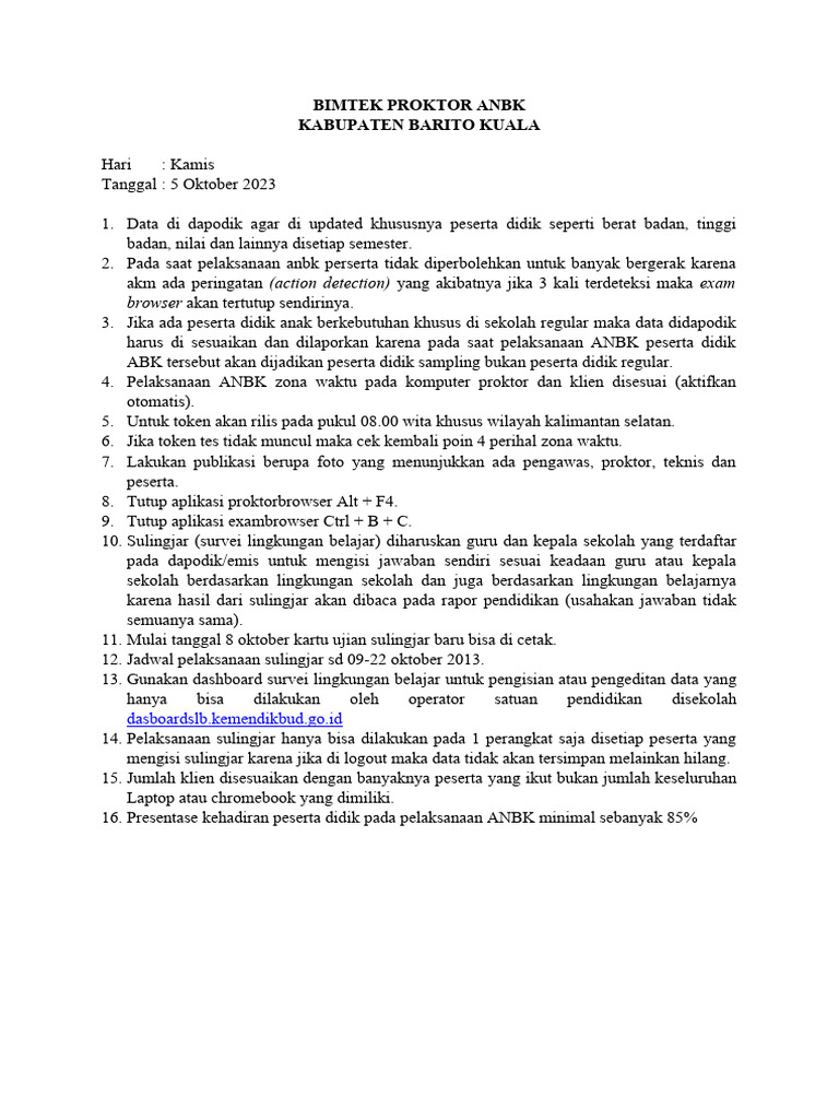 Panduan Proktor ANBK Barito Kuala | PDF