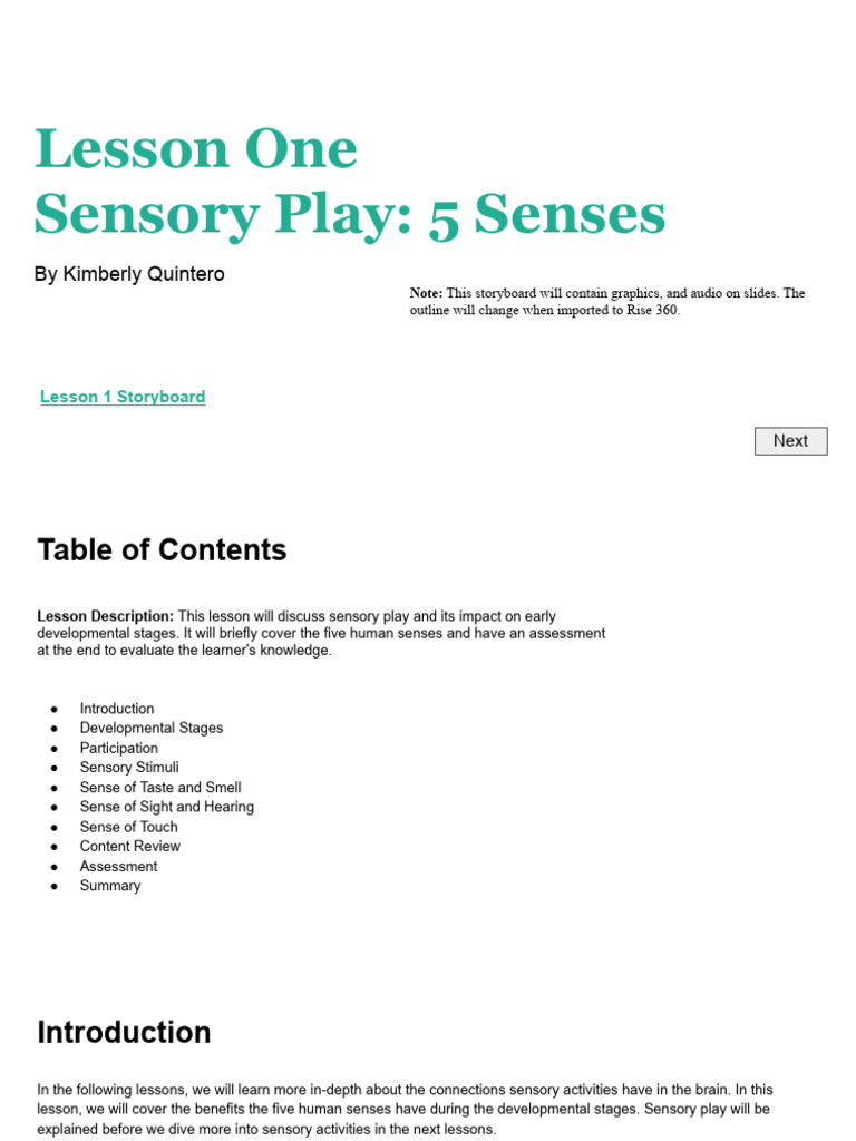 Lesson One Sensory Play 5 Senses Storyboard-1 | PDF | Senses | Perception
