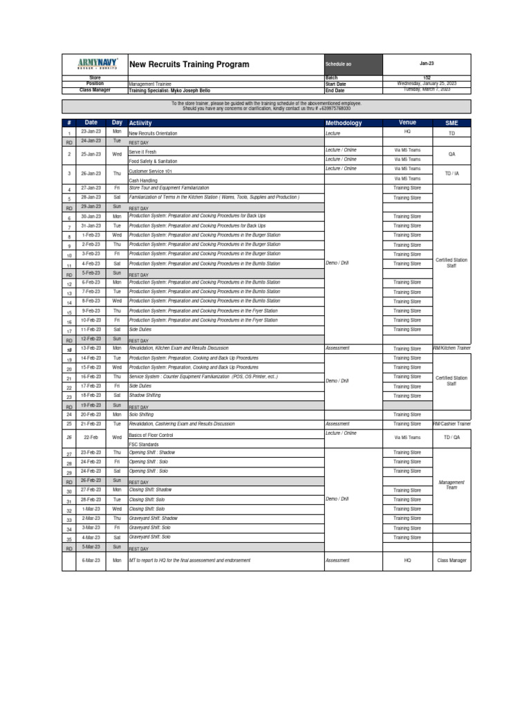 New Recruits Training Schedule 2023 | PDF | Home | Food And Drink ...