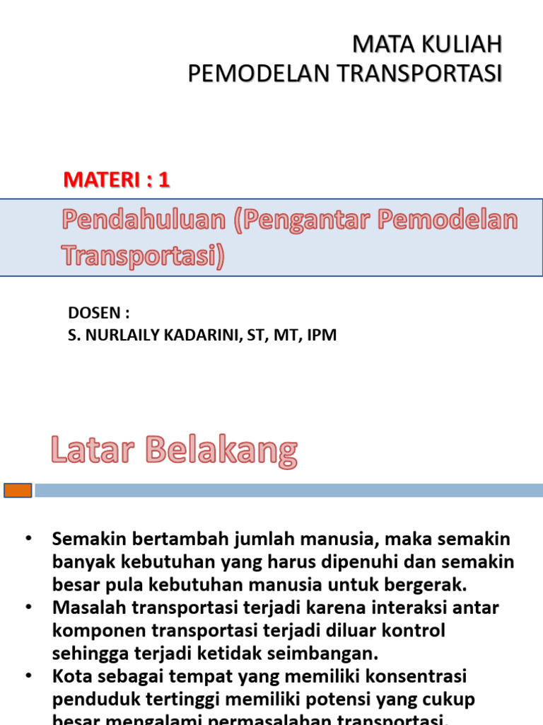 Kuliah 1. Pengantar Pemodelan Transportasi | PDF