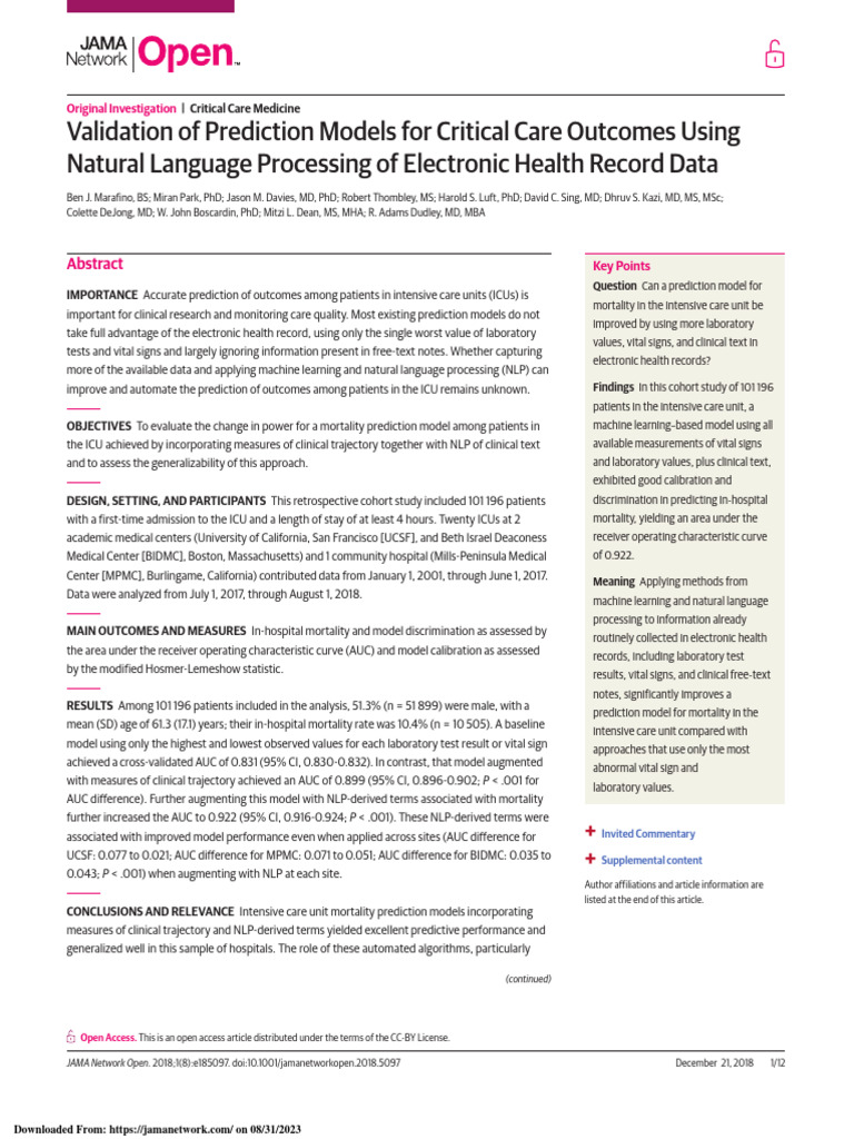 Validation Of Prediction Models For Critical Care Outcomes Using Natural Language Processing Of 7292