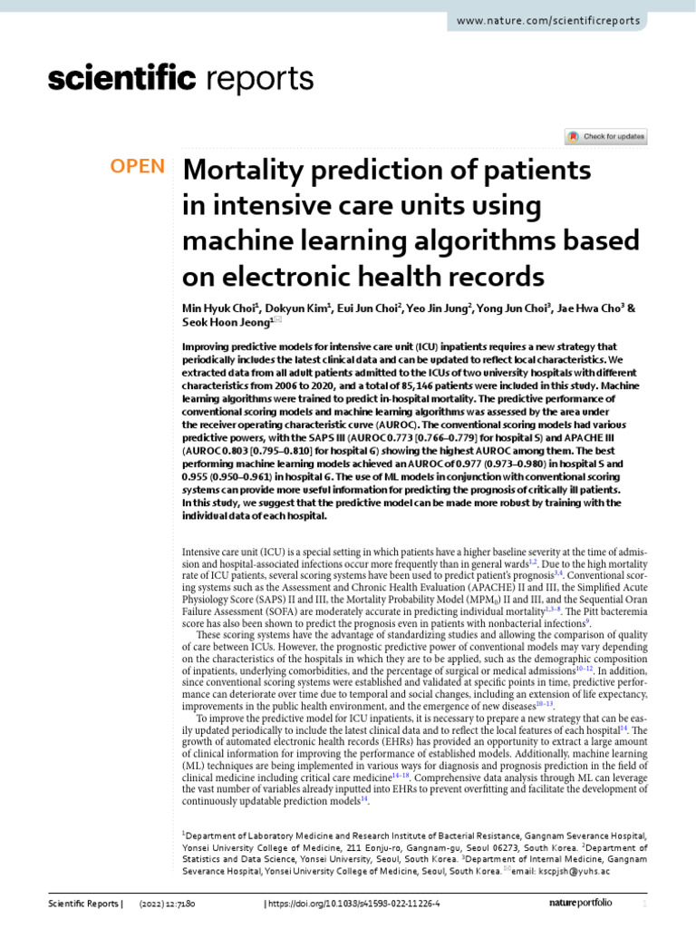 Mortality Prediction of Patients in Intensive Care Units Using Machine Learning Algorithms Based ...