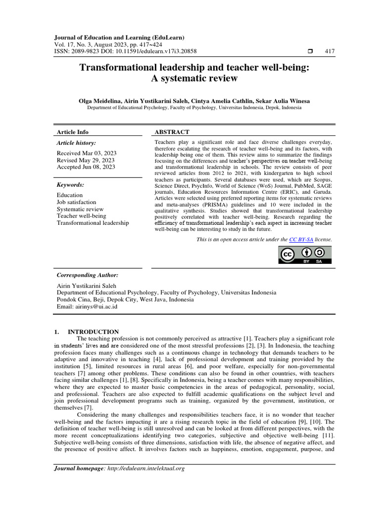 Transformational Leadership and Teacher Well-Being: A Systematic Review | PDF | Transformational ...