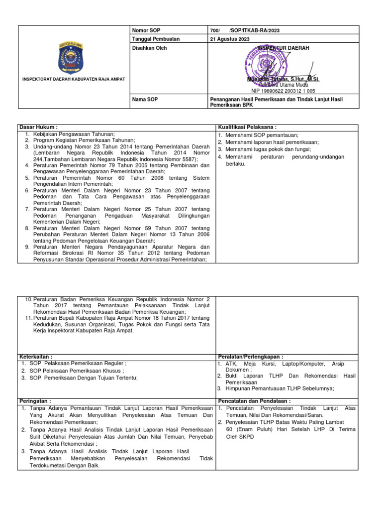 SOP Penanganan LHP Dan Penyelesaian Tindak Lanjut Hasil Pemeriksaan (TLHP) BPK RI | PDF