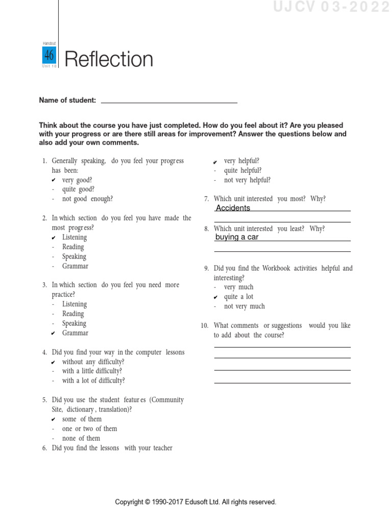 10 Intermediate II Handout 46 Unit 10 Movie Making Reflection | PDF