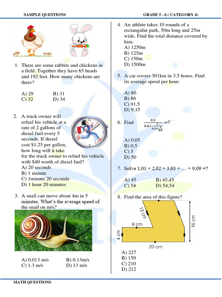 MATH QUESTIONS - Grade 5 6category 4 S.Q | PDF | Vehicles | Fuels