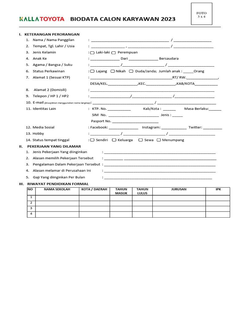 Form Biodata Lamaran 2023 - New | PDF