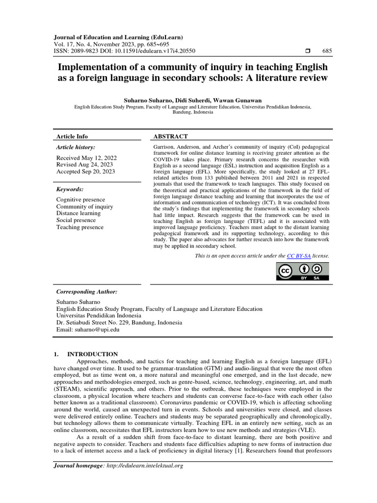 Implementation of A Community of Inquiry in Teaching English As A ...
