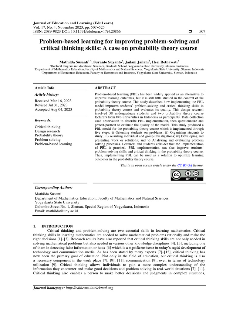 Problem-Based Learning For Improving Problem-Solving and Critical Thinking Skills: A Case On ...