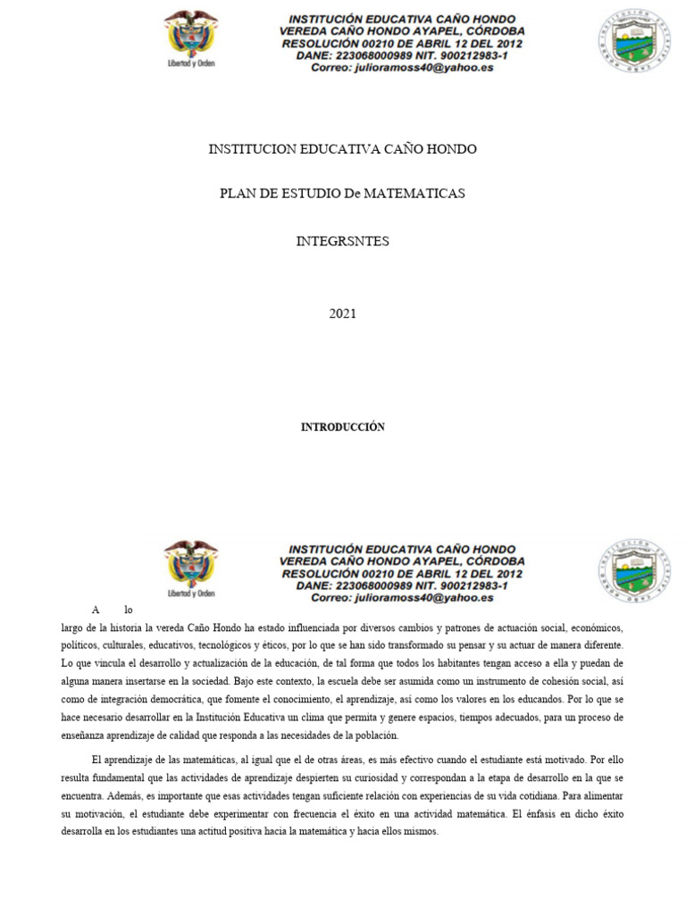 Plan De Matematica Pdf Medición Pensamiento