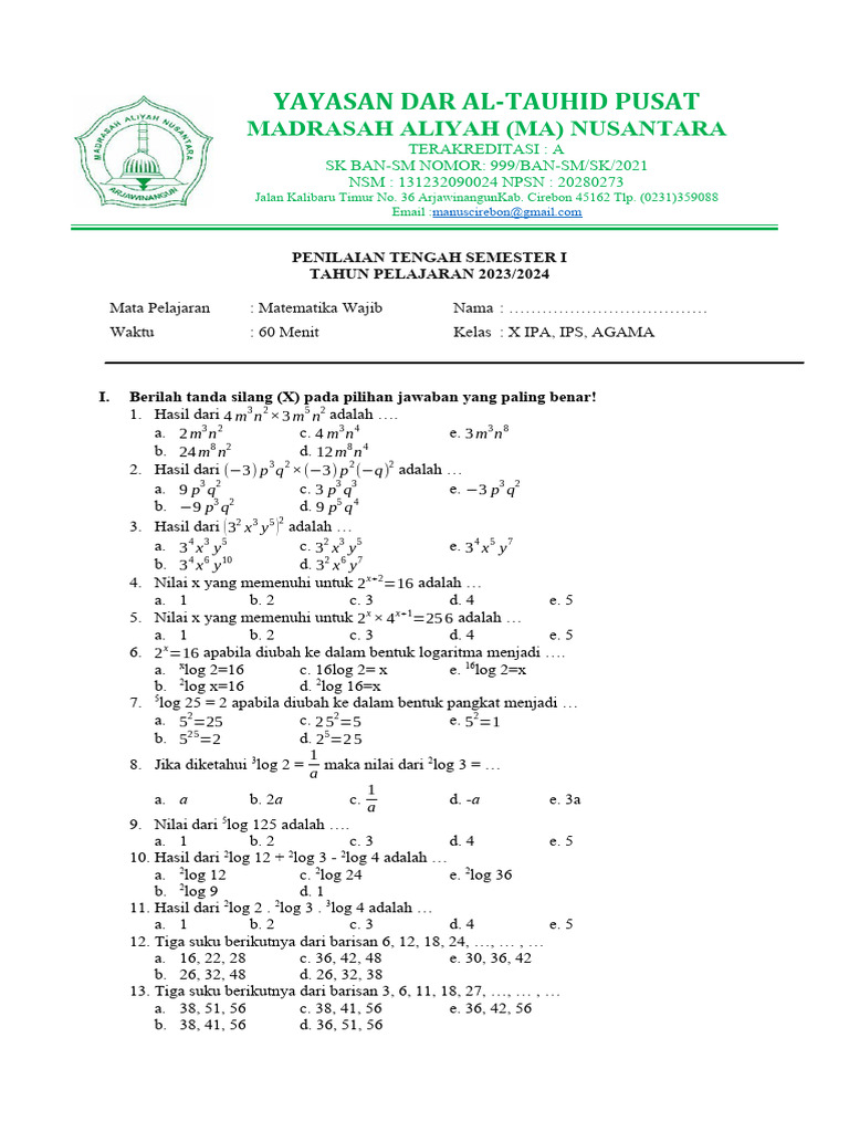 Soal PTS MTK Wajib | PDF