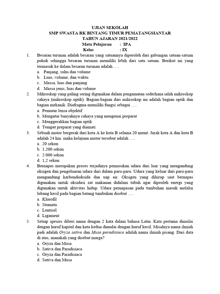 Soal Ujian Sekolah Ipa Tahun 2021-2022 | PDF