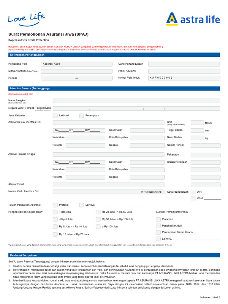 FORM SPAJ Astra Life Koperasi ASTRA | PDF