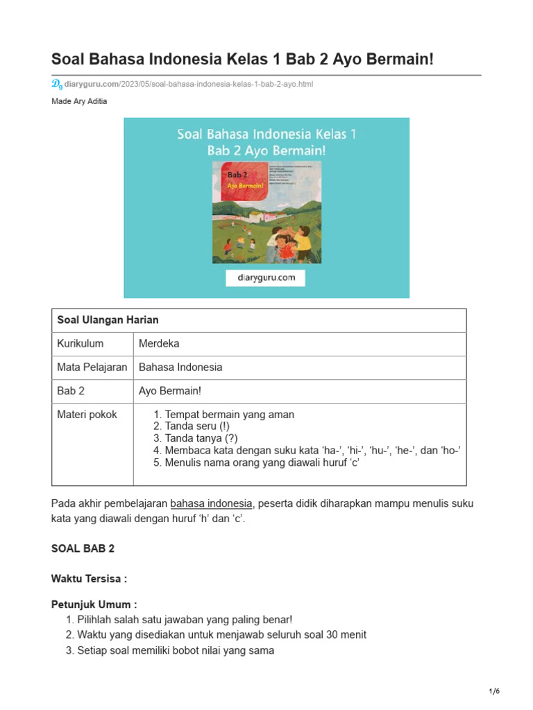 Soal Bahasa Indonesia Kelas 1 Bab 2 Ayo Bermain | PDF