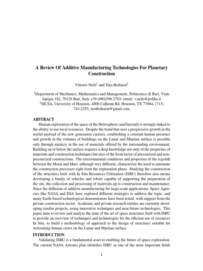 A Review of Additive Manufacturing Technologies For Planetary ...