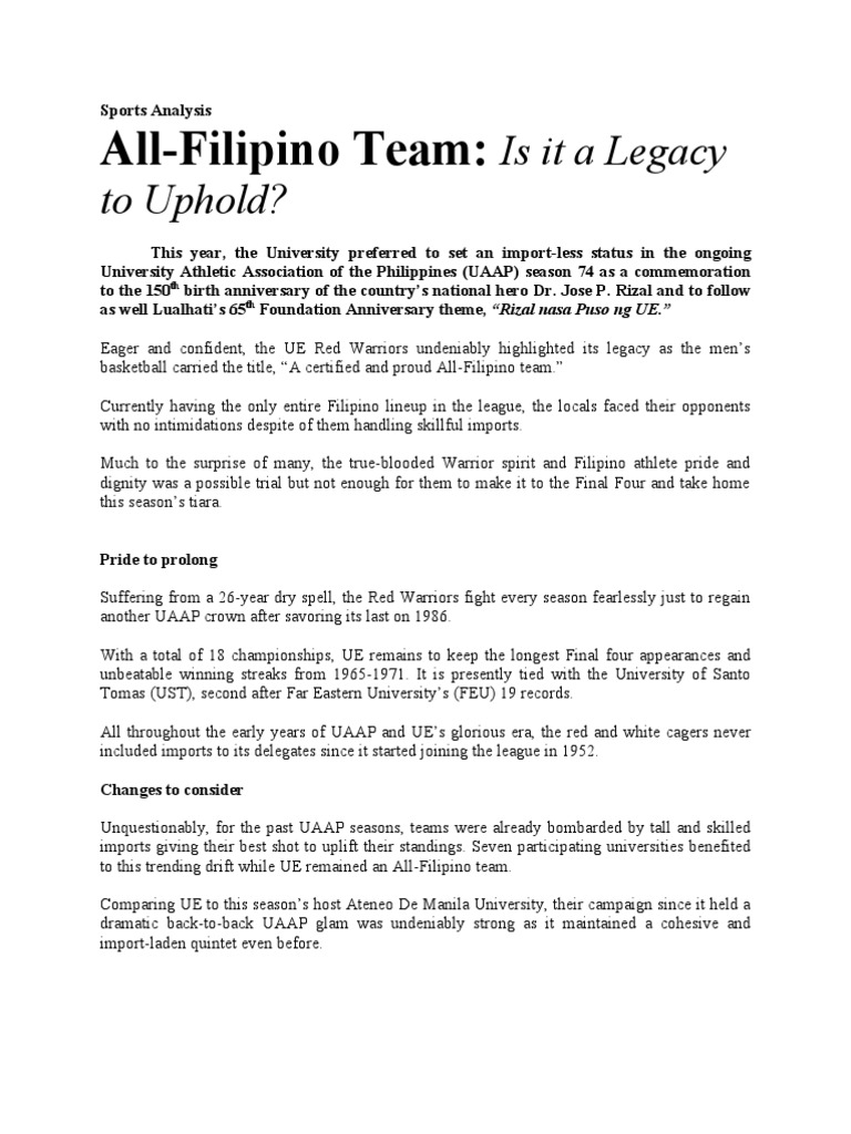 All-Filipino Team - Is It A Legacy To Uphold | PDF | Student Sport ...