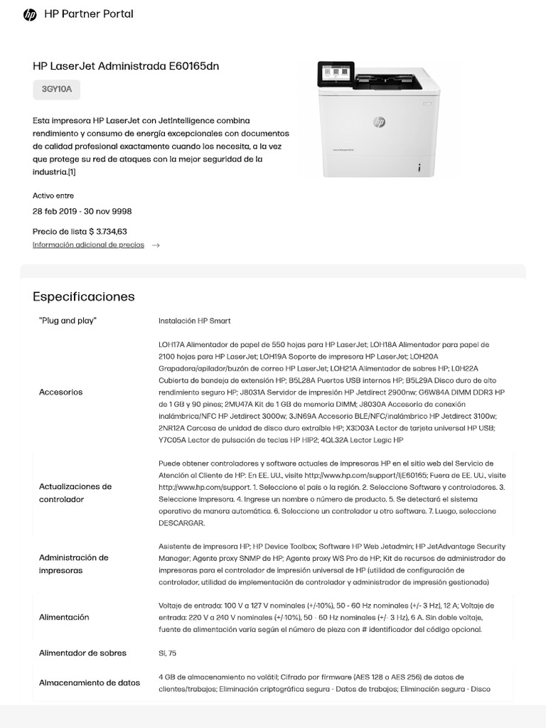 Especificaciones HP LASERJET MANAGED E60165DN | PDF